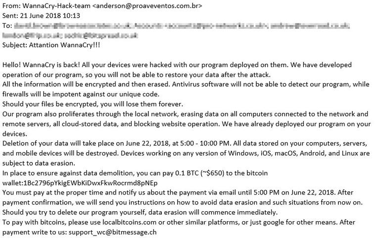 Phishing scam claims to deliver WannaCry, demands bitcoin ransom 2025 ...